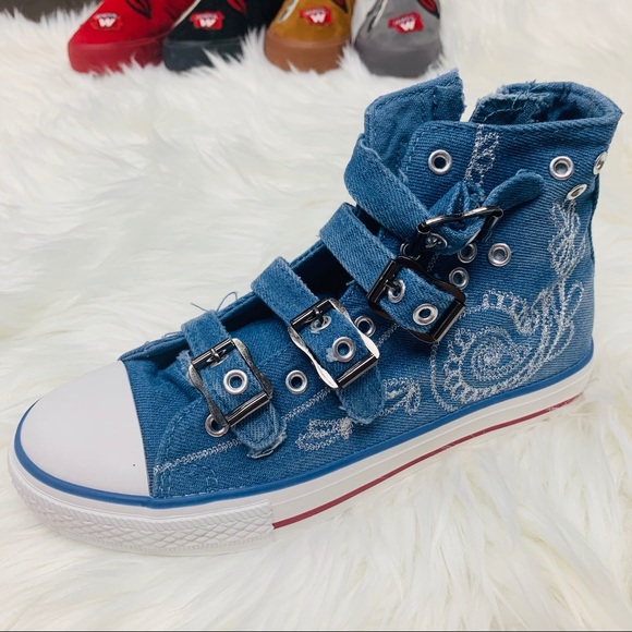 Shoes | Denim Buckle High Top Sneaker | Poshmark